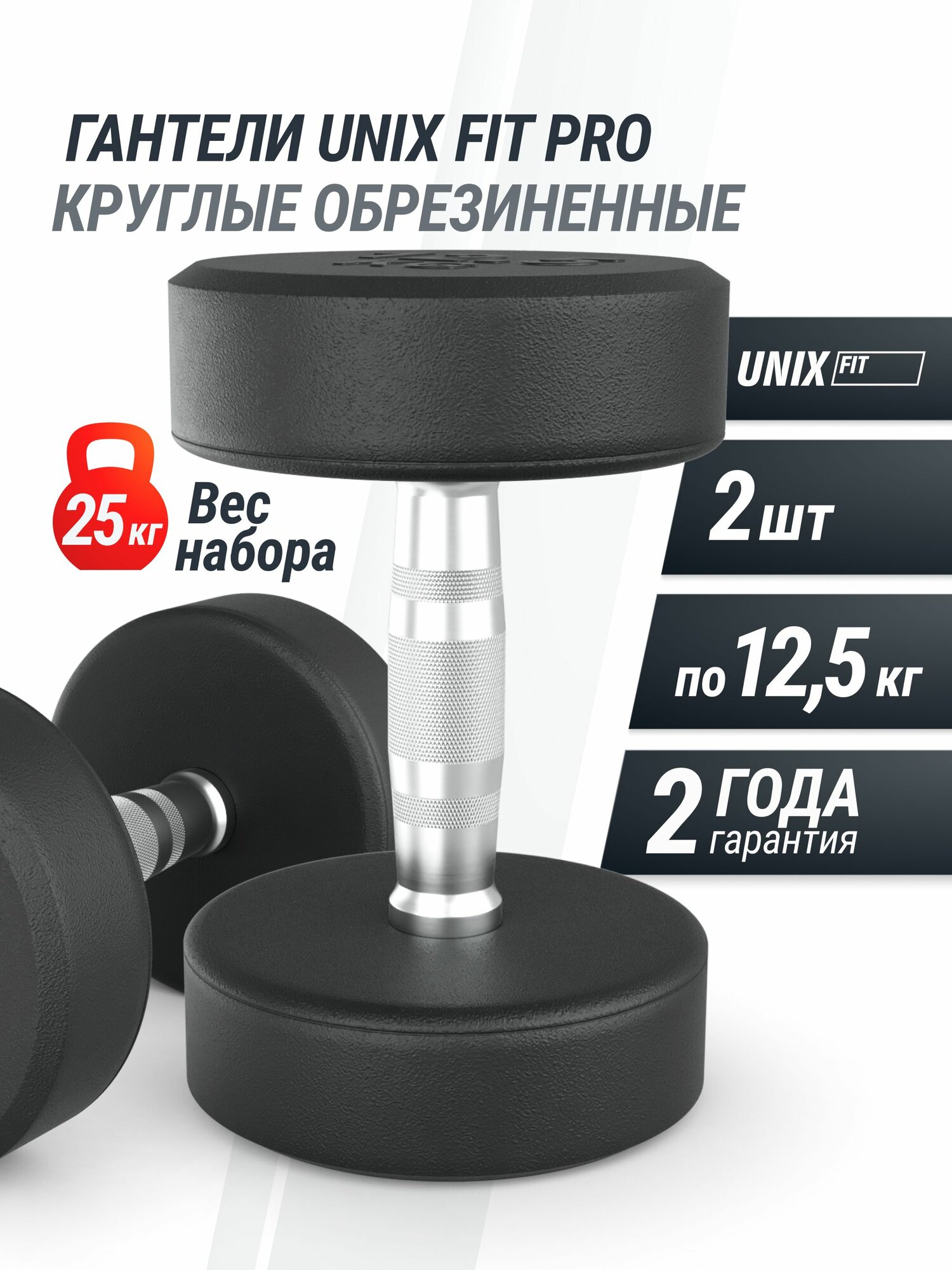Гантель UNIX Fit PRO круглая обрезиненная 12,5 кг, металлическая спортивная гантель неразборная, 2 шт.