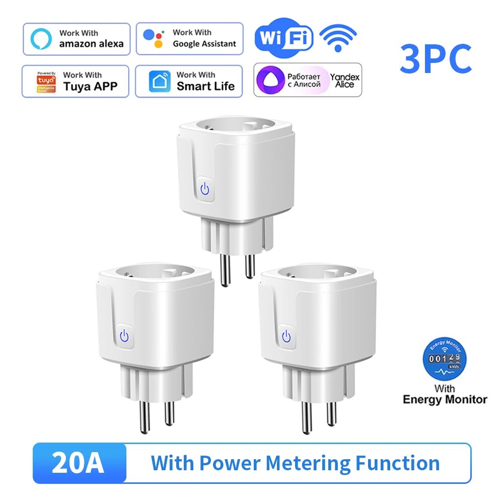 Умная розетка WiFi 20A, 3шт, Tuya, Alexa, Google Home