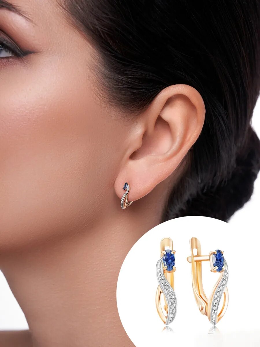 Серьги, серебро, 925 проба, золочение, фианит