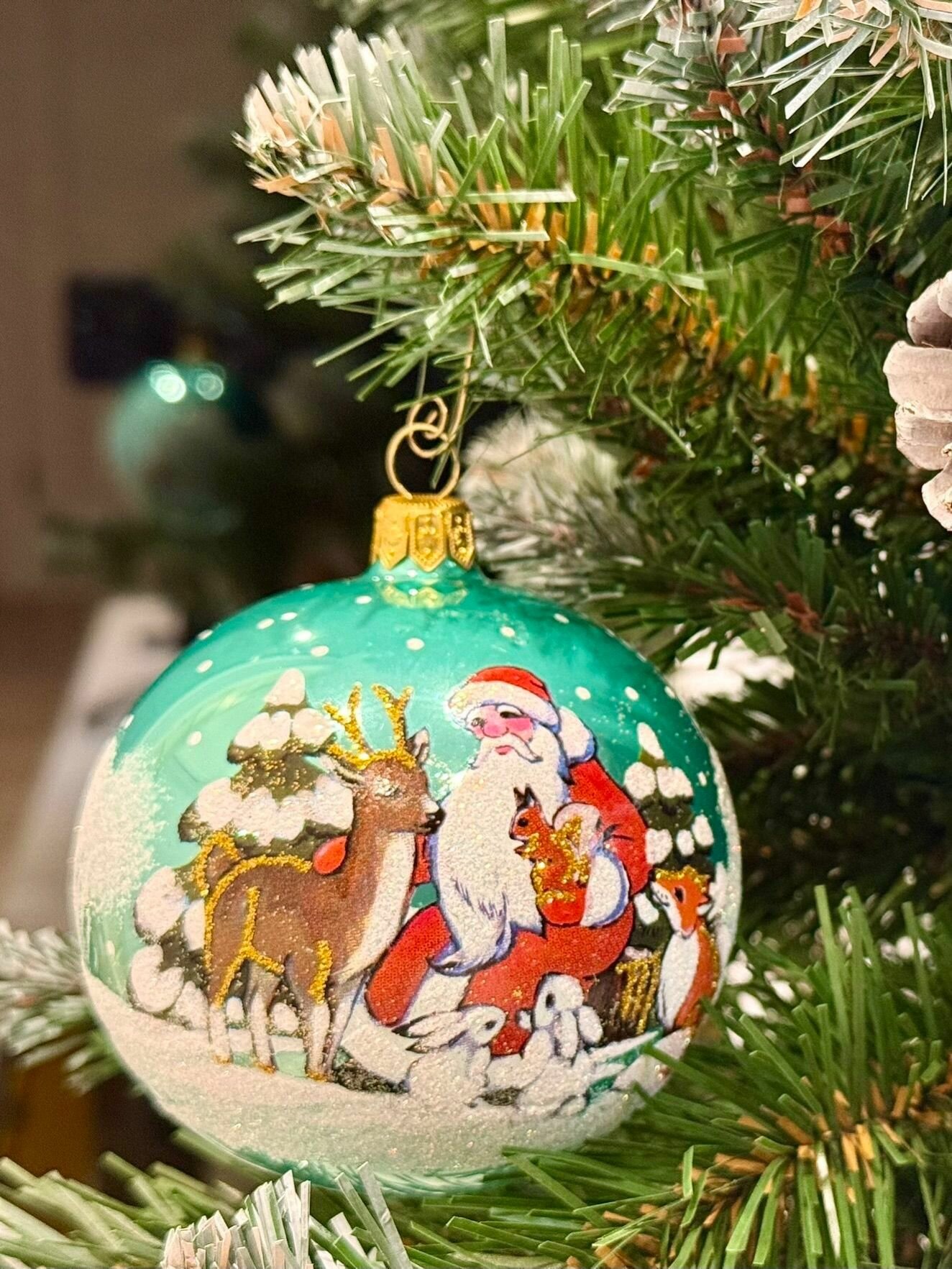 Елочная игрушка Елочка "Лесная сказка", ручная роспись, стекло, 8,5 см, бирюзовая