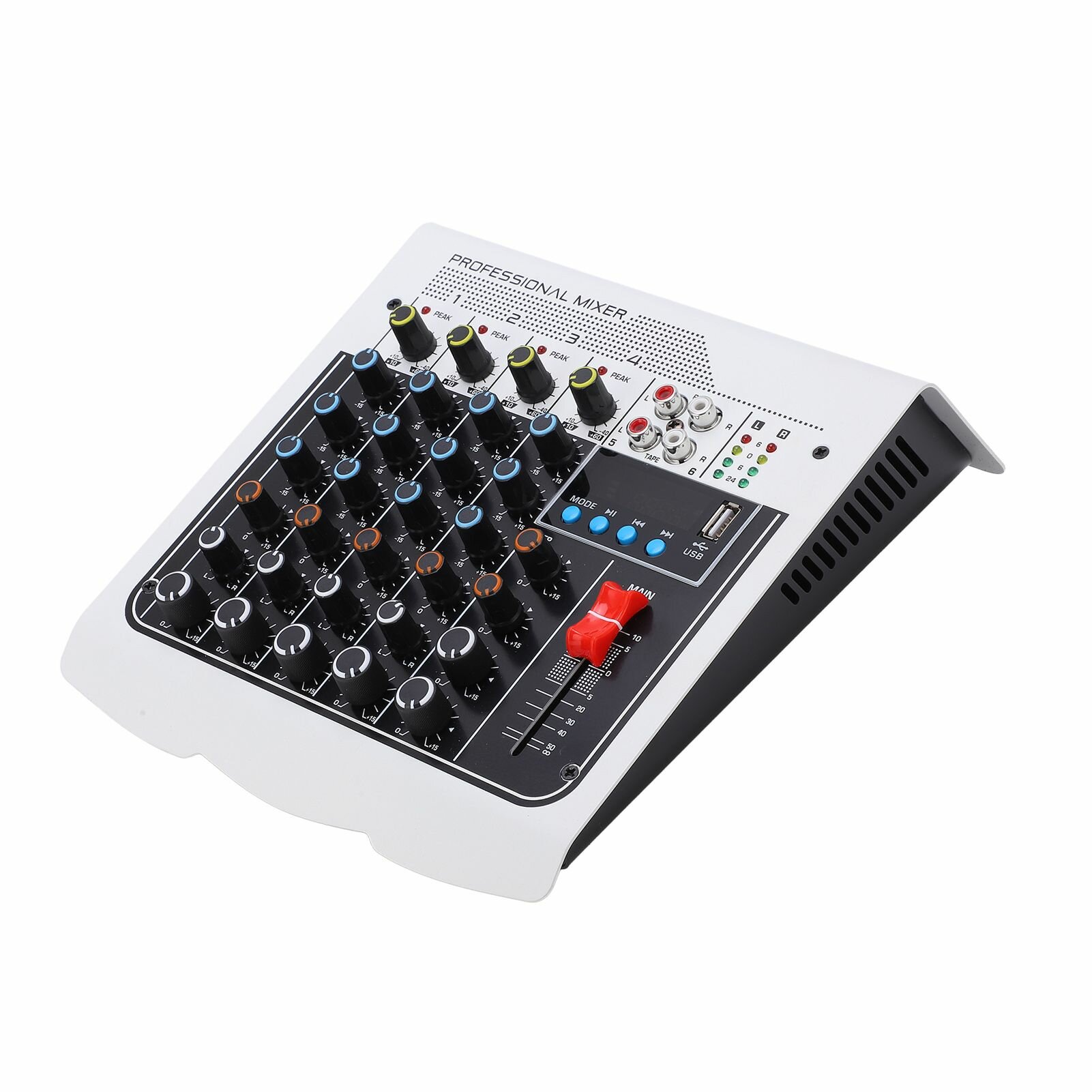 6-канальный микшерный пульт с LCD-дисплеем и металлическим корпусом для домашнего караоке, вещания и записи, подключение микрофонов, ПК и колонок.