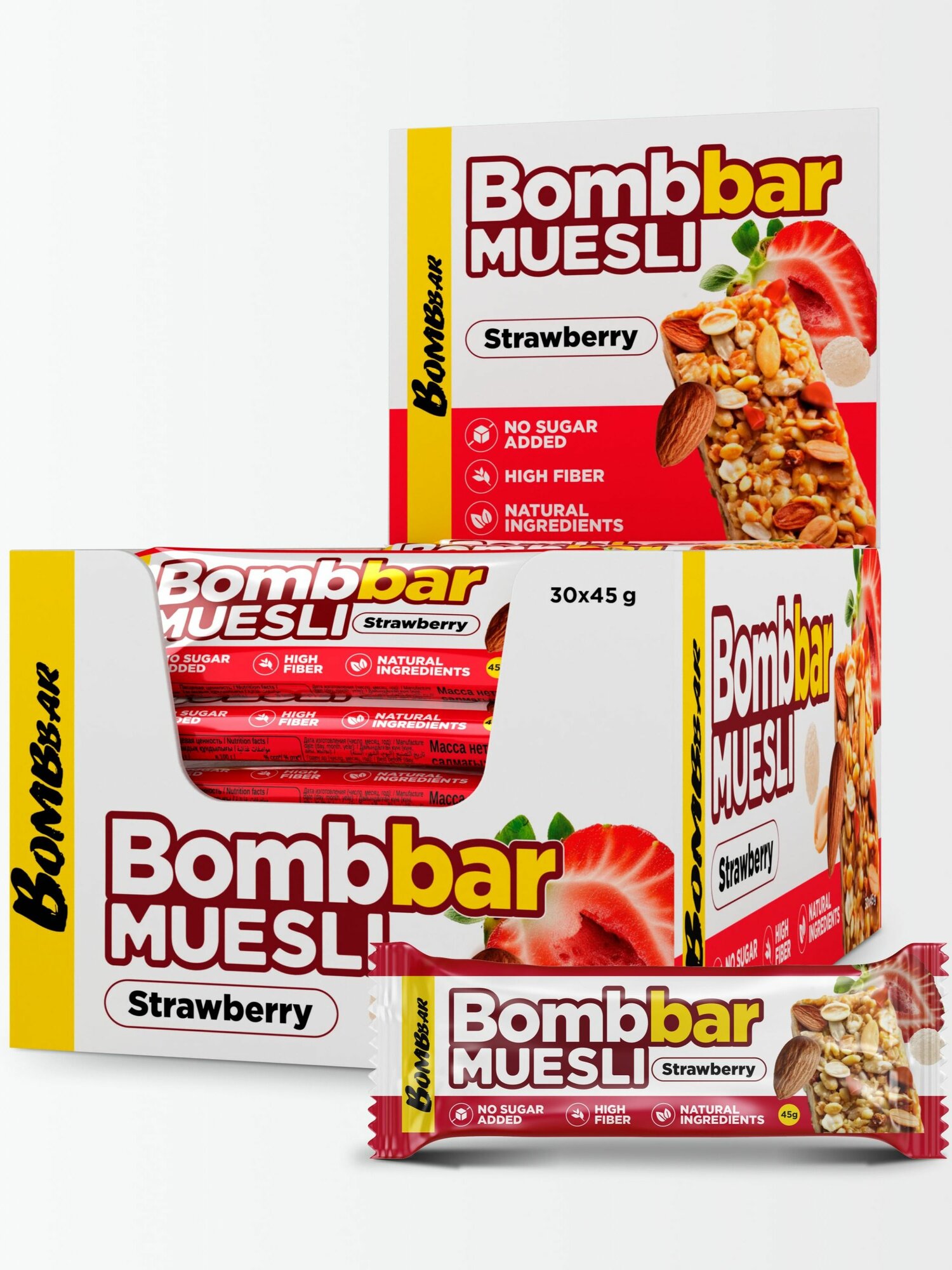 Мультизлаковый батончик мюсли Bombbar "Клубника", 30шт х 45г