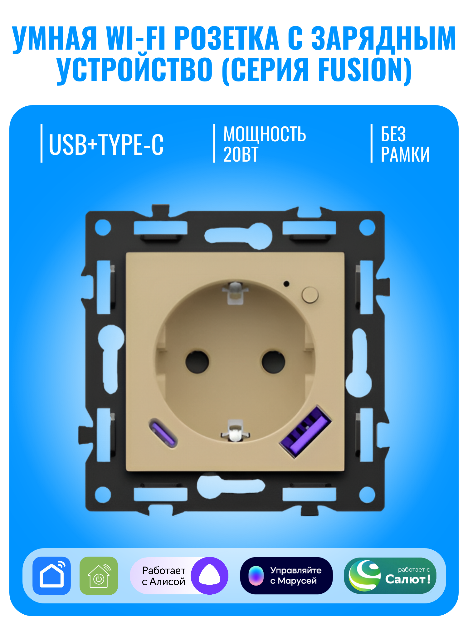 Умная Wi-Fi розетка с зарядным устройством USB и Type-C Smart Aura серия Fusion без рамки