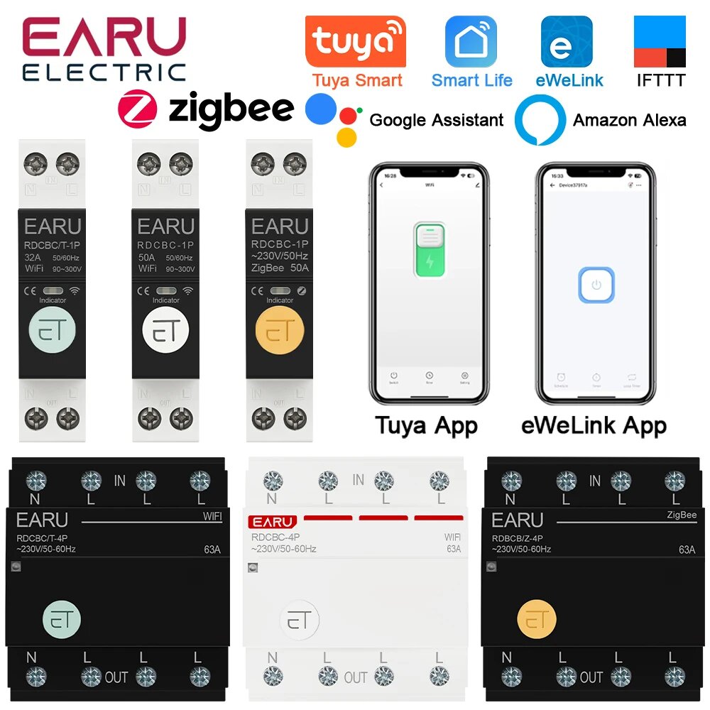 Умный выключатель Tuya eWeLink WiFi ZigBee MCB 2P 4P с таймером и реле, голосовое 80A, 4P Tuya WiFi