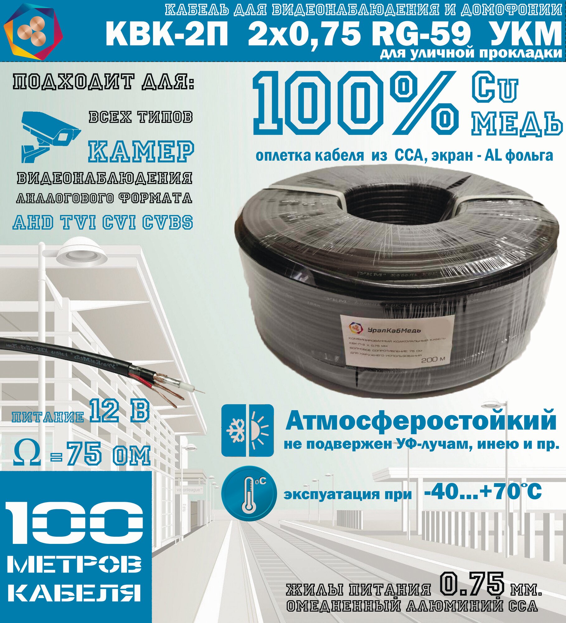 Кабель комбинированный для видеонаблюдения черный КВК-2П 2Х0,75(100) RG-59 Cu+CCA для уличной прокладки (бухта 100м)