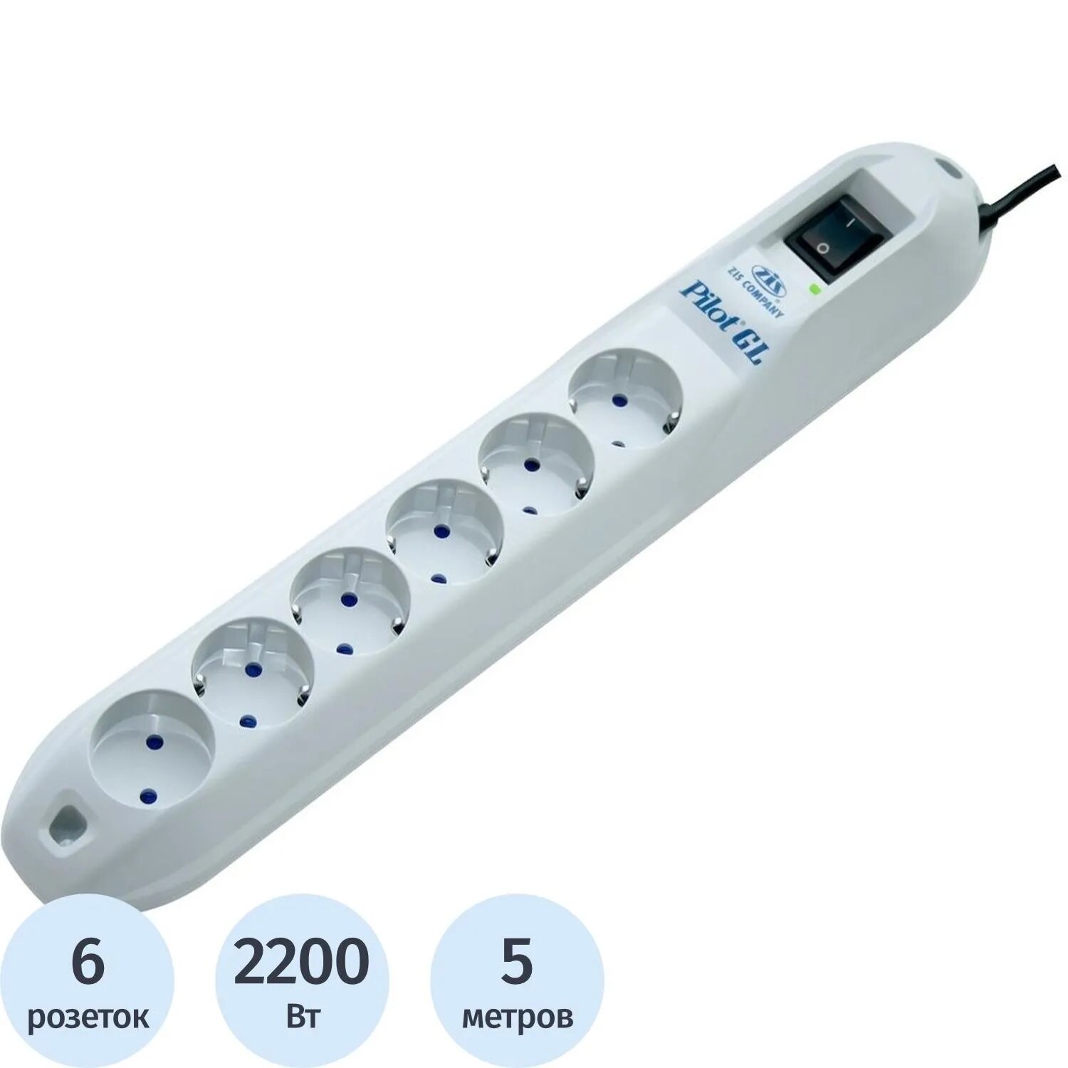 Сетевой фильтр PILOT-GL (6/5м/10А/1180Дж/белый)