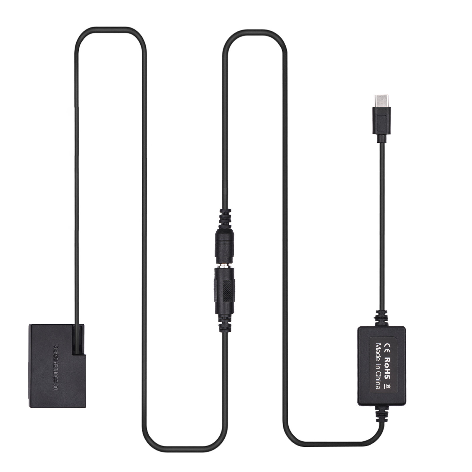 Кабель PD USB Type-C к имитационной батарейке DR-E18 DC Coupler замена LP-E17 для Canon 750D 760D T6S 77D 800D 200D Rebel SL2, черный, пластик, вход Type-C QC PD 9V/12V, выход 8.4V 2A, длина кабеля 1.26м/4.1фут, длина имитационной батарейки