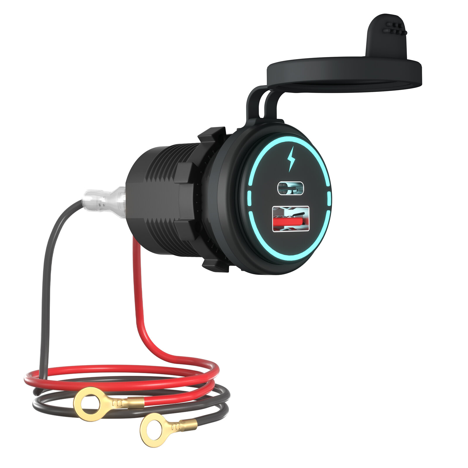 Зарядное устройство для автомобиля 12V-24V QC3.0 быстрой зарядки USB и PD двойной порт для автомобилей, мотоциклов, пляжных велосипедов, внедорожников, лодок IP66 водонепроницаемое с множественной защитой и конструкцией апертуры, черный цвет, материал