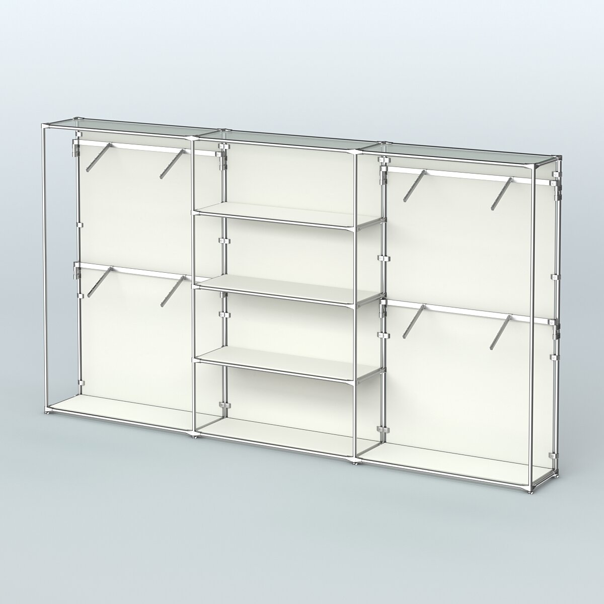 Торговая система хром (задняя стенка - ДСП) 3600 мм с полками ДСП и поручнями №5, Белый