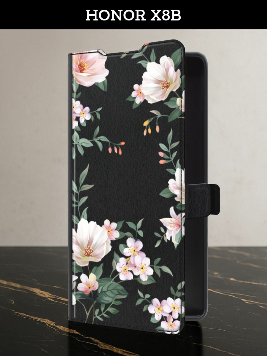 Чехол-книжка на Honor X8B (Хонор Х8B) с картой и принтом "Beautiful white flowers"