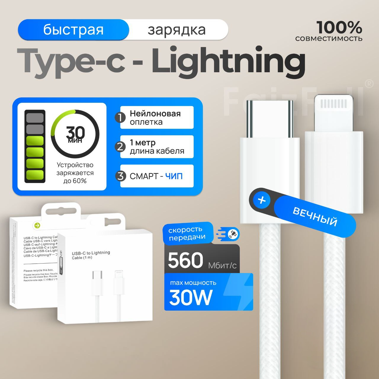 Кабель USB Type-C - Lightning для iPhone, плетенный, 1 метр, быстрая зарядка 30W
