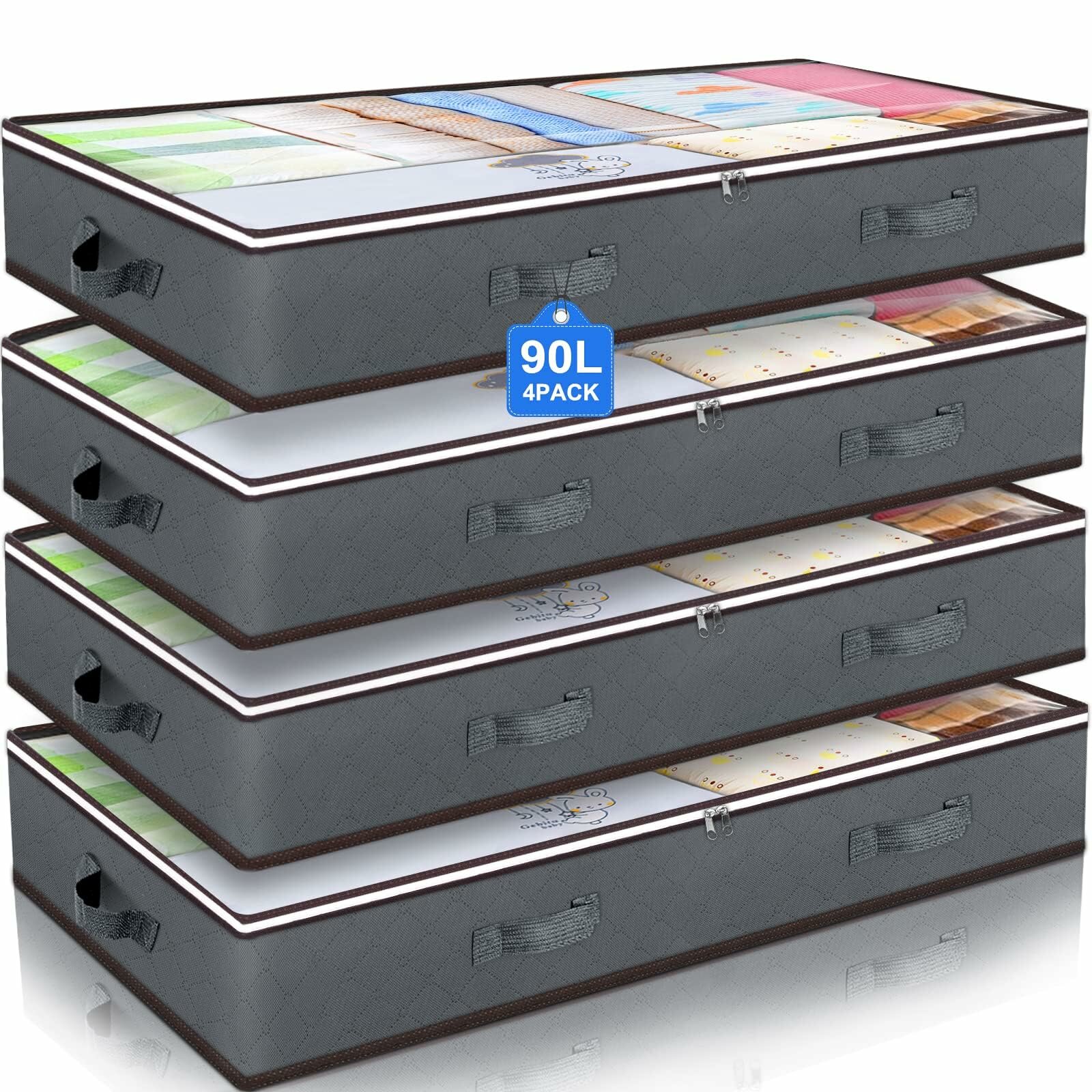 Контейнеры для хранения под кроватью 90л, органайзеры для игрушек и одежды с прозрачным окном, вакуумные пакеты для постельного белья одеял подушек, 4 шт