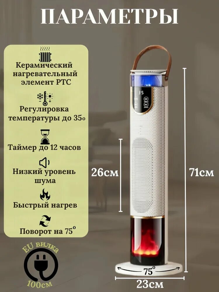 Тепловентилятор, керамический нагревательный элемент, 2000Вт, белый