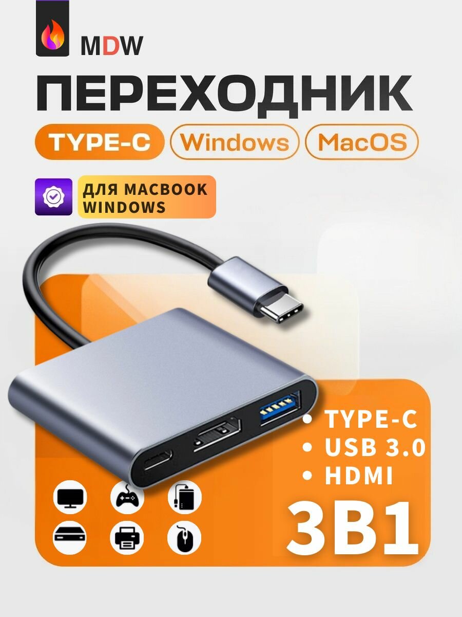 USB Hub для MacBook на 3 порта: USB 3.0, Type-C, HDMI/пессимистичный