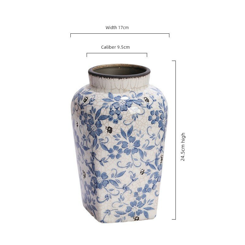 Синяя фарфоровая ваза с трещиноватым рисунком и квадратным основанием, античный стиль для интерьера гостиной