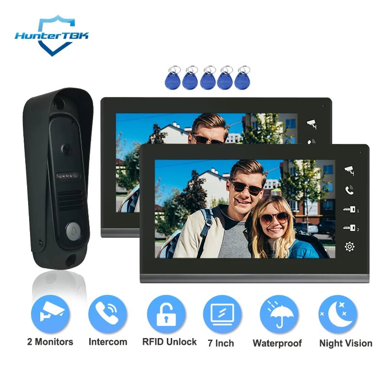 HunterTBK 7-дюймовый проводной видеодомофон с двумя внутренними экранами Black Kit 2 Screens