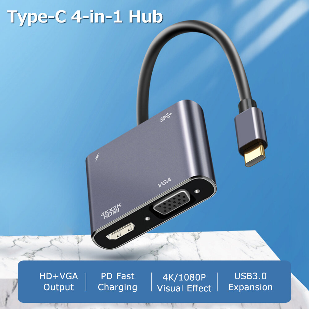 Док-станция USB-C 4-в-1, алюминиевый корпус, HDMI 4K, VGA, USB 3.0, PD зарядка