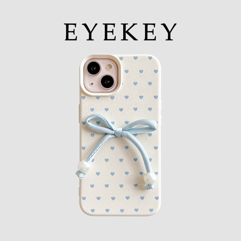 Чехол для iPhone 17 Pro Max в стиле Eyekey, молочно-голубой, с жемчужным бантом и сердечком, подходит для Apple 15,