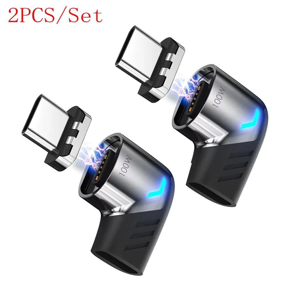 Магнитный адаптер PD 120 Вт USB C к типу C, магнитный преобразователь USB Type-C, магнитный кабель, прямоугольный разъем USB C 2PCS Black