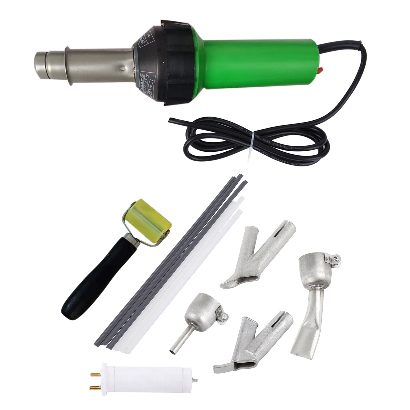 Комплект для сварки горячим воздухом мощностью 1600 Вт, набор инструментов для сварки пластмасс с быстросъемным соплом и роликовым стержнем.