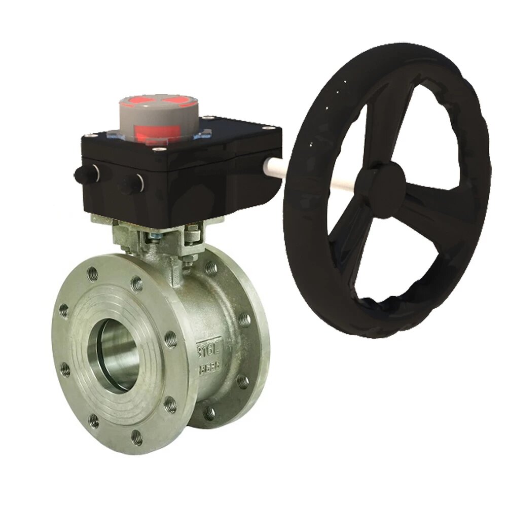 Кран шаровой DN.ru КШмФП.316.200 Ду80 Ру16 полнопроходной двухходовой, нержавеющая сталь 316, межфланцевый, уплотнение - PTFE, с ISO-фланцем и редуктором DN.ru HGB-2 с индикатором положения