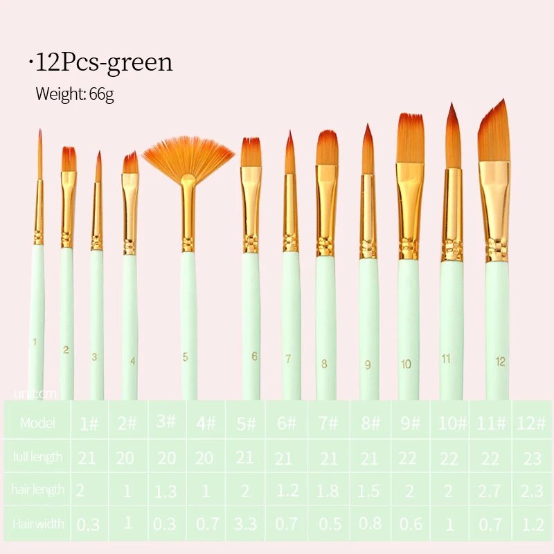 Кисти для рисования Angel Mark, нейлон, дерево, 3/6/10/12 шт 12Pcs Green Set