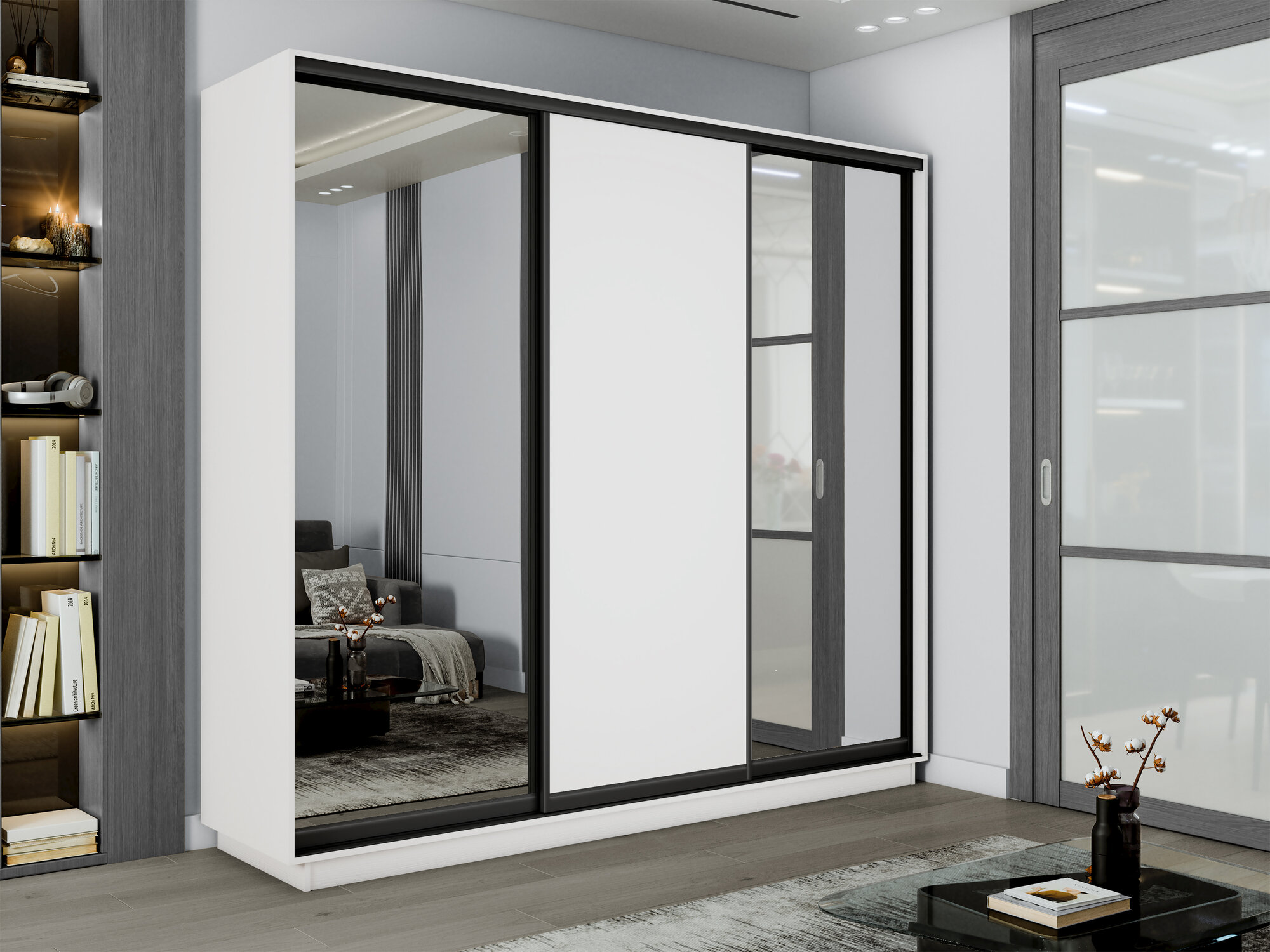 Шкаф купе Вилли 3-х дверный ЛДСП, (2-зеркала/ДСП) , профиль черный 240 см х 240 см х 60 см (Белый Снег)