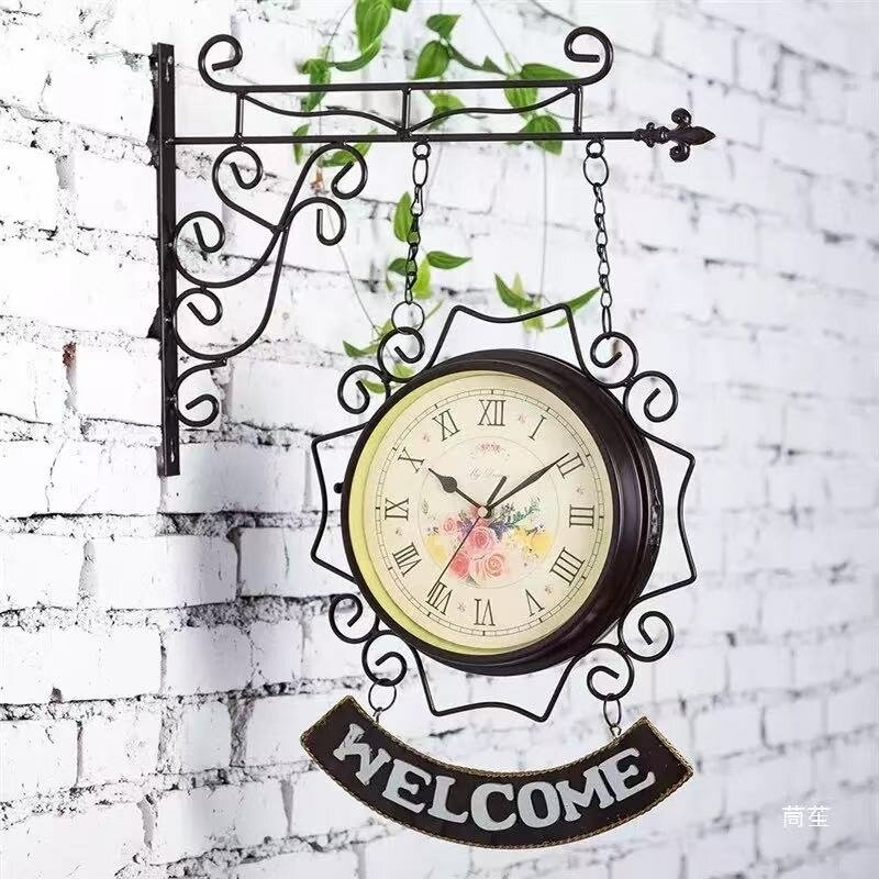 Старинные двухсторонние бесшумные настенные часы из кованого железа, подвесные часы, украшения для дома, 19.5×44cm