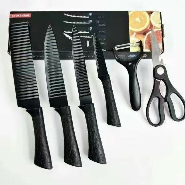 Горячая распродажа 238A Набор из шести ножей с черным волнообразным узором, антипригарные ножи для нарезки мяса, кухонный набор ножей