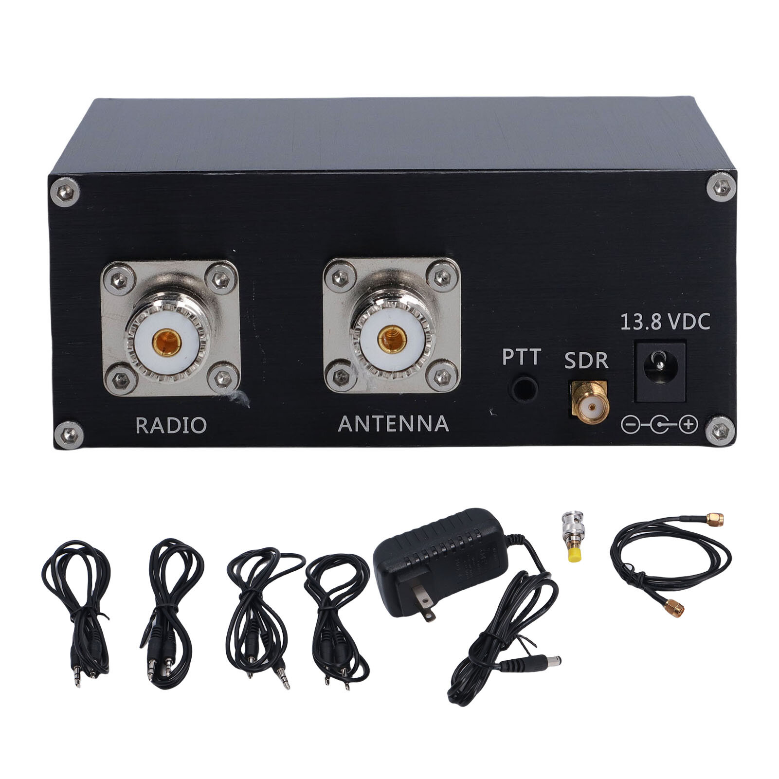 Портативный SDR-трансивер с алюминиевым корпусом и разъемом TR, работающий на частоте 160 МГц, с возможностью переключения режимов. Вилка стандарта США.