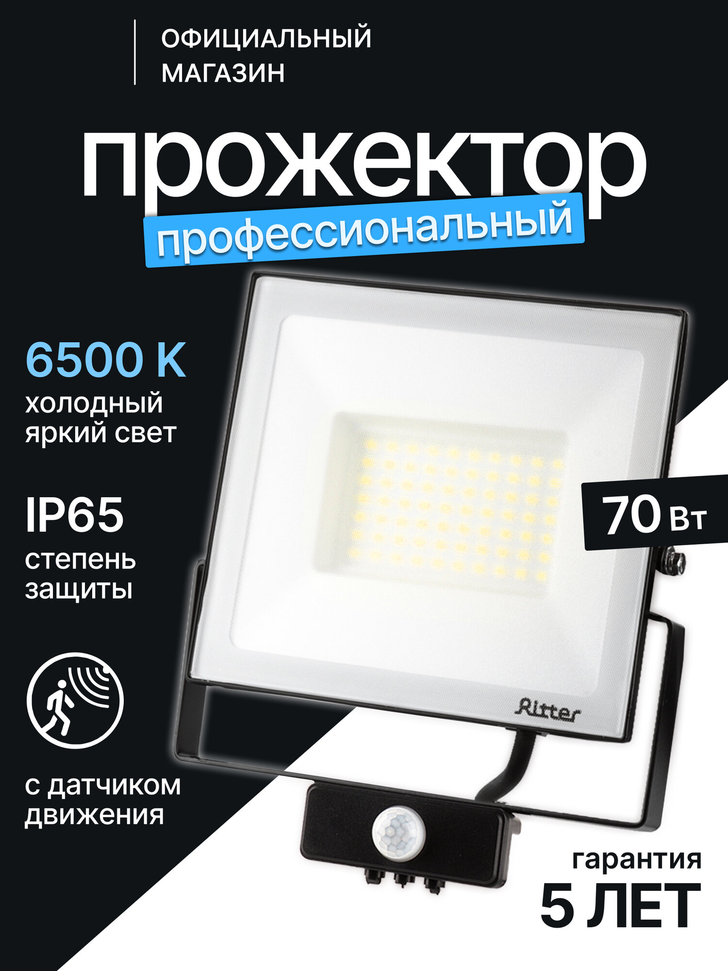 Прожектор светодиодный Ritter 70 Вт уличный, с датчиком движения, холодный свет 6500К, IP65, серия PROFI 53423 9