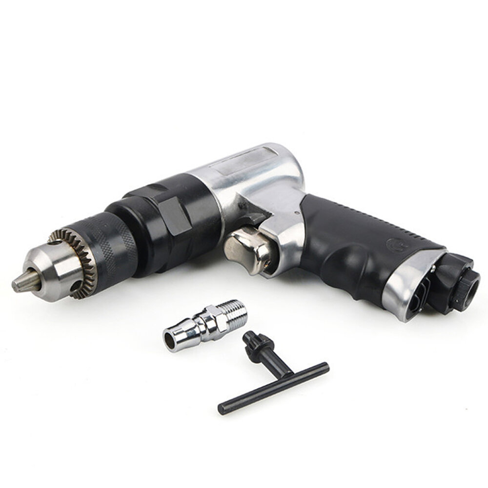 Пневматическая реверсивная дрель 3/8 дюйма, 1800 об/мин, ручная, многоцелевый инструмент, черно-серебристый, материал сплав металл, расход газа 4SCFM, размер патронника 3/8 дюйма, сверлильная сила 10 мм, диапазон битов 1.0мм-10мм, режим выхлопа нижний,