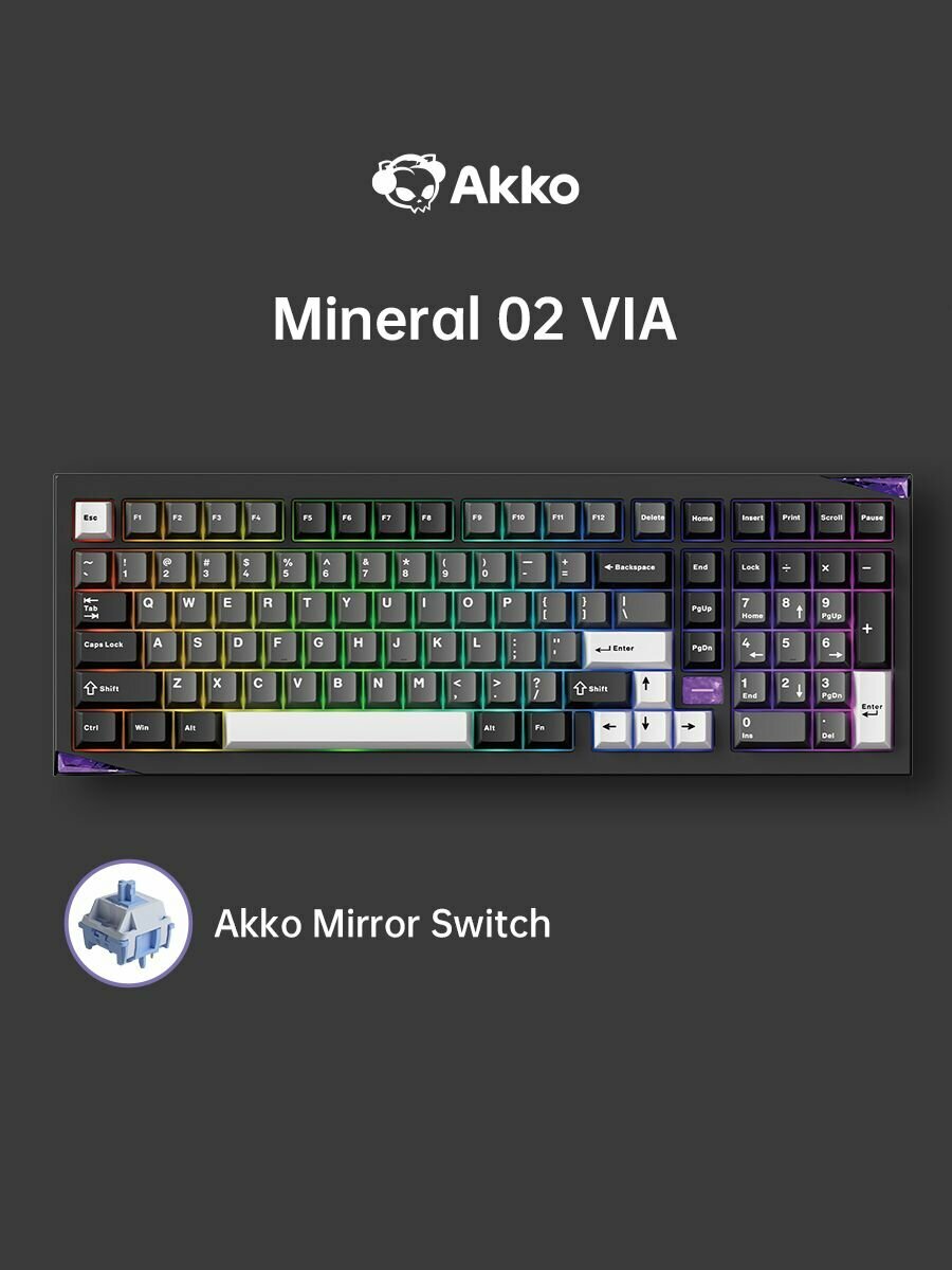 Акко Mineral 02 VIA, Черно-серебряная механическая клавиатура 3-режимная RGB подсветка 102 клавиши US раскладка С поддержкой горячей замены переключателей