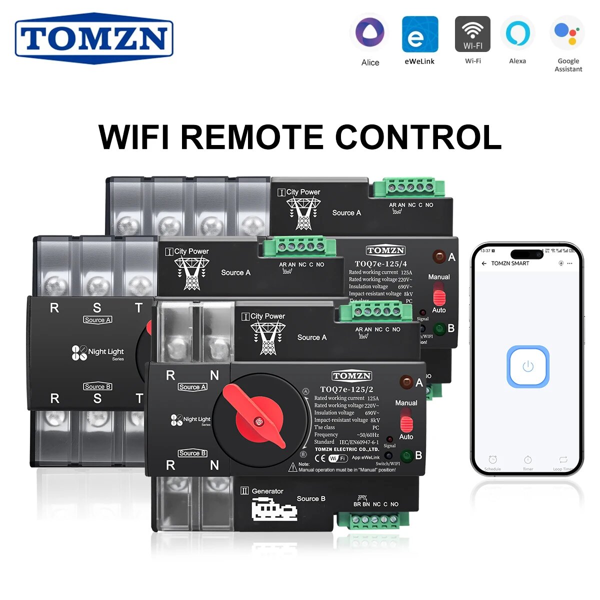TOMZN TOQ7e Умный ATS-переключатель 220В 2P, 125A
