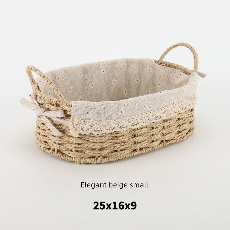 Бежевая овальная маленькая двухручная ковричная корзина из бумажной верёвки с подкладкой для косметики, помады и
