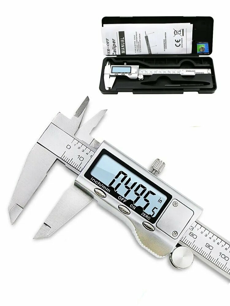 Цифровой электронный штангенциркуль из нержавеющей стали 0-150 мм с нониусом и кейсом для хранения / Погрешность измерений 0,01 мм / Кейс для хранения