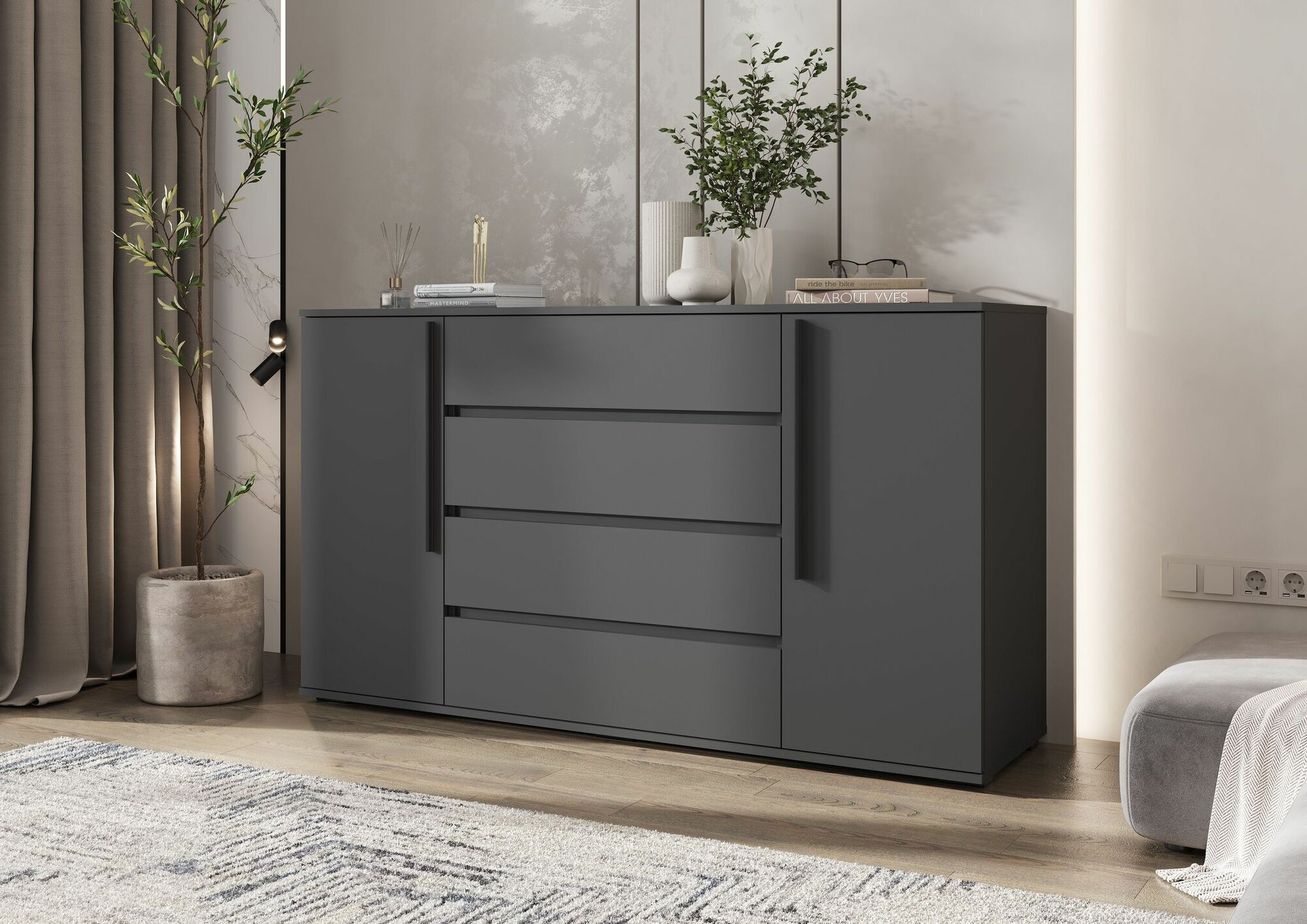 Комод с полками двухдверный 4 ящика 2 полки Норд, 160х90х45 см, Графит