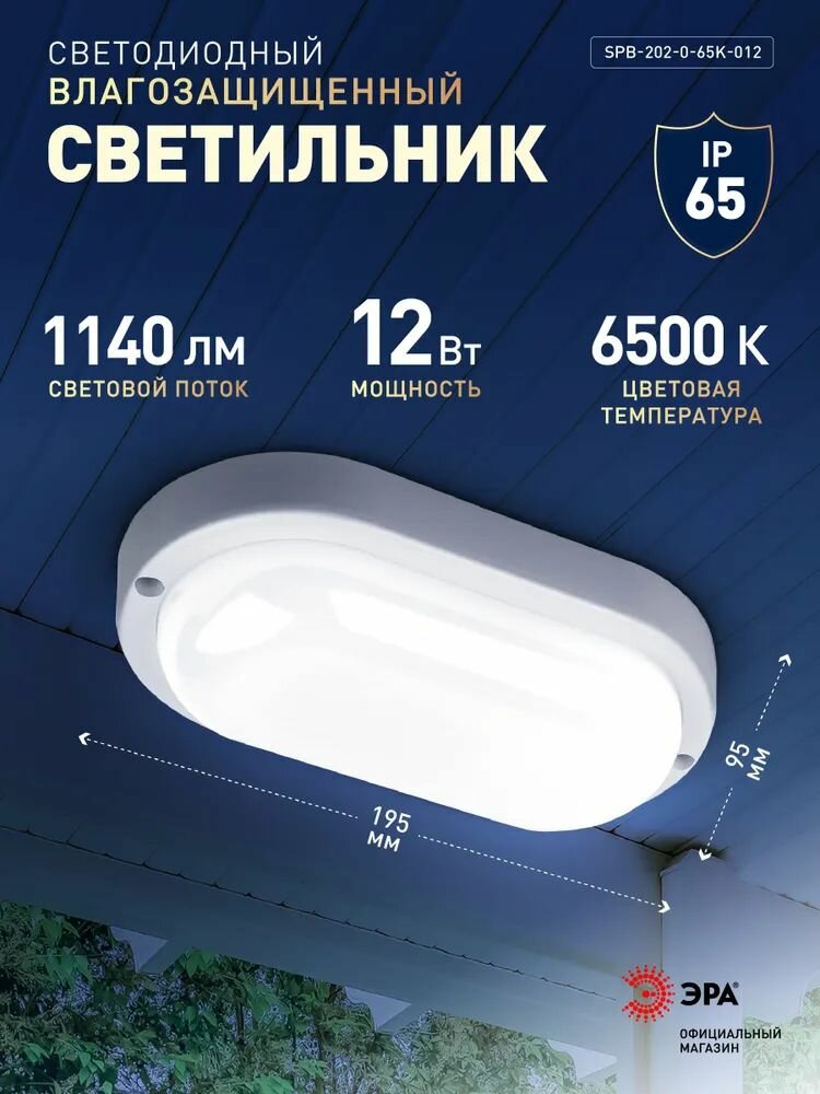 Светильник светодиод герметичный СПП 12Вт овал 6500К 1140Лм IP65 SPB-202-0-65K-012 ЭРА