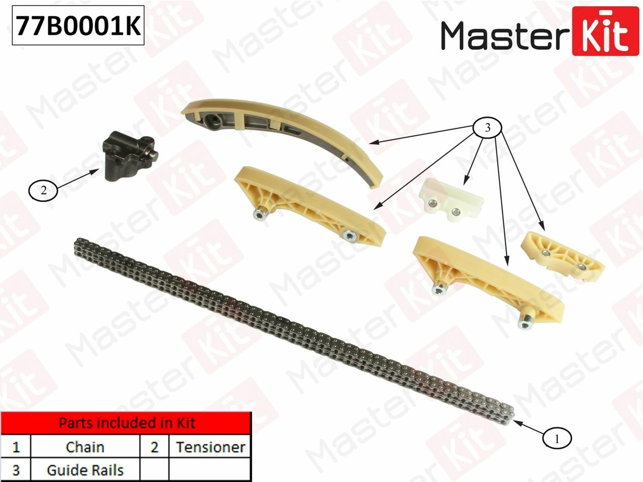 Комплект цепи ГРМ FORD Transit 2.4D D2FE Duratorq 00-06 без звездочек MasterKit 77B0001K