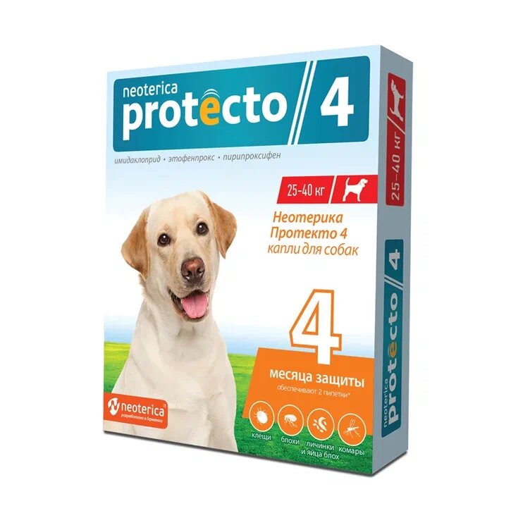 Капли Neoterica "Protecto", для собак, от клещей и блох, 25-40 кг, 2шт