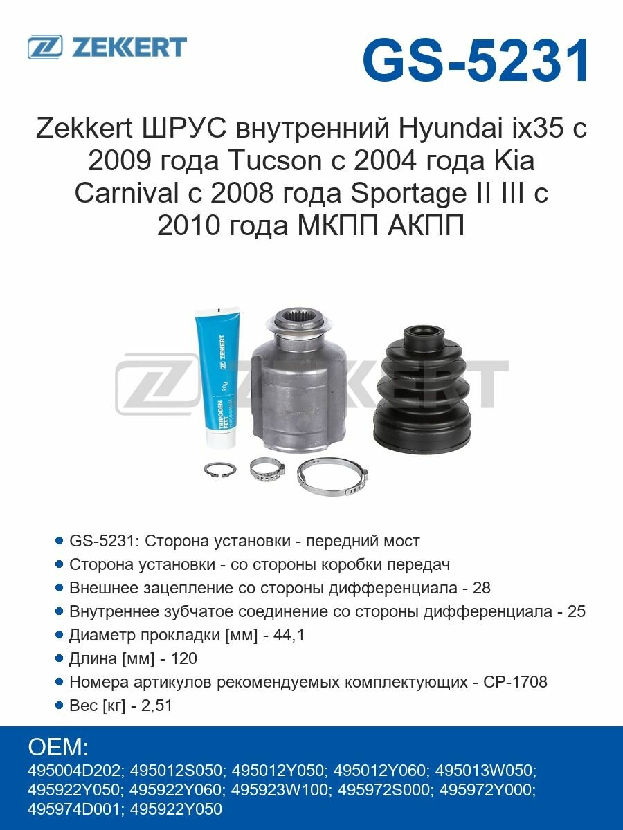 Zekkert ШРУС внутренний Hyundai ix35 с 2009 года Tucson с 2004 года Kia Carnival с 2008 года Sportage II III с 2010 года МКПП АКПП