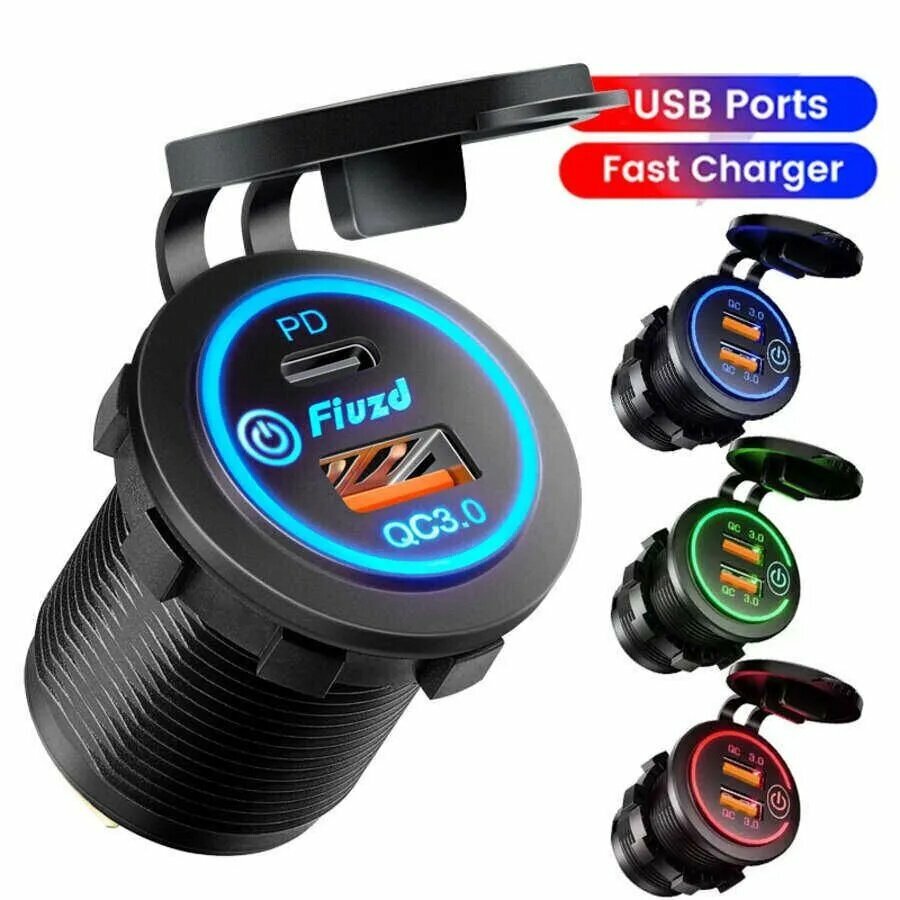 Разъём USB + type C авто врезной, врезная розетка в прикуриватель, 12v-24v