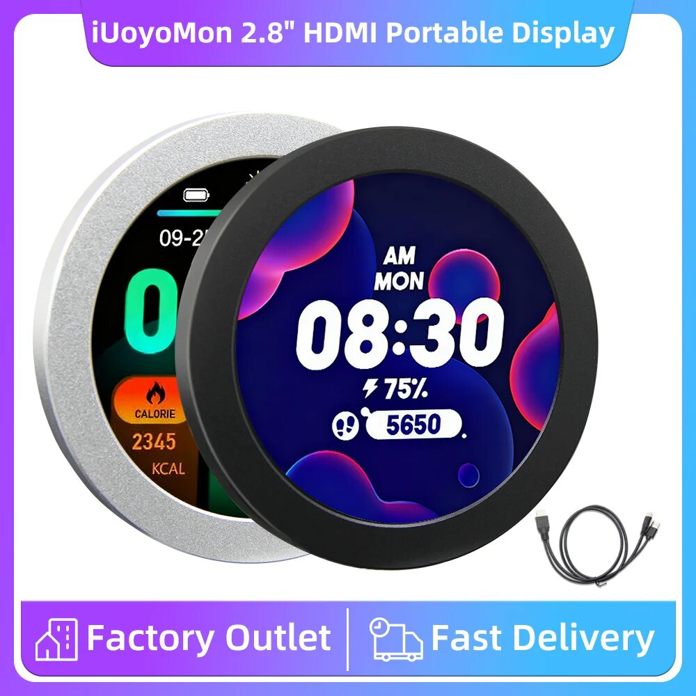 2,8-дюймовый IPS-дисплей (второй экран) 480x480 HDMI, круглый ЖК-экран для мониторинга CPU, Black