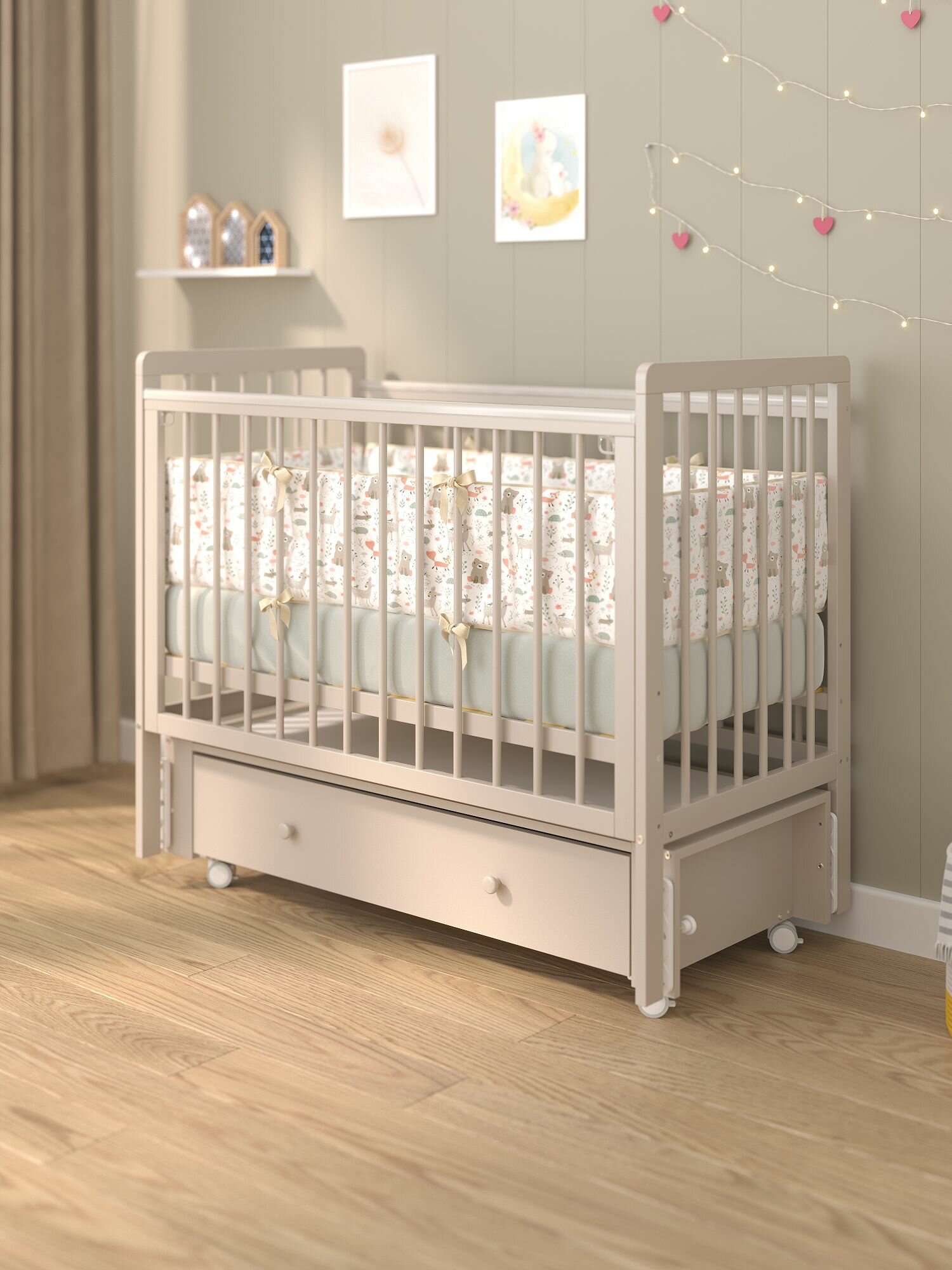 Приставная детская кроватка с ящиком, маятником и колёсами для новорожденного из массива берёзы, Ariel-05, 120х60, Кашемир