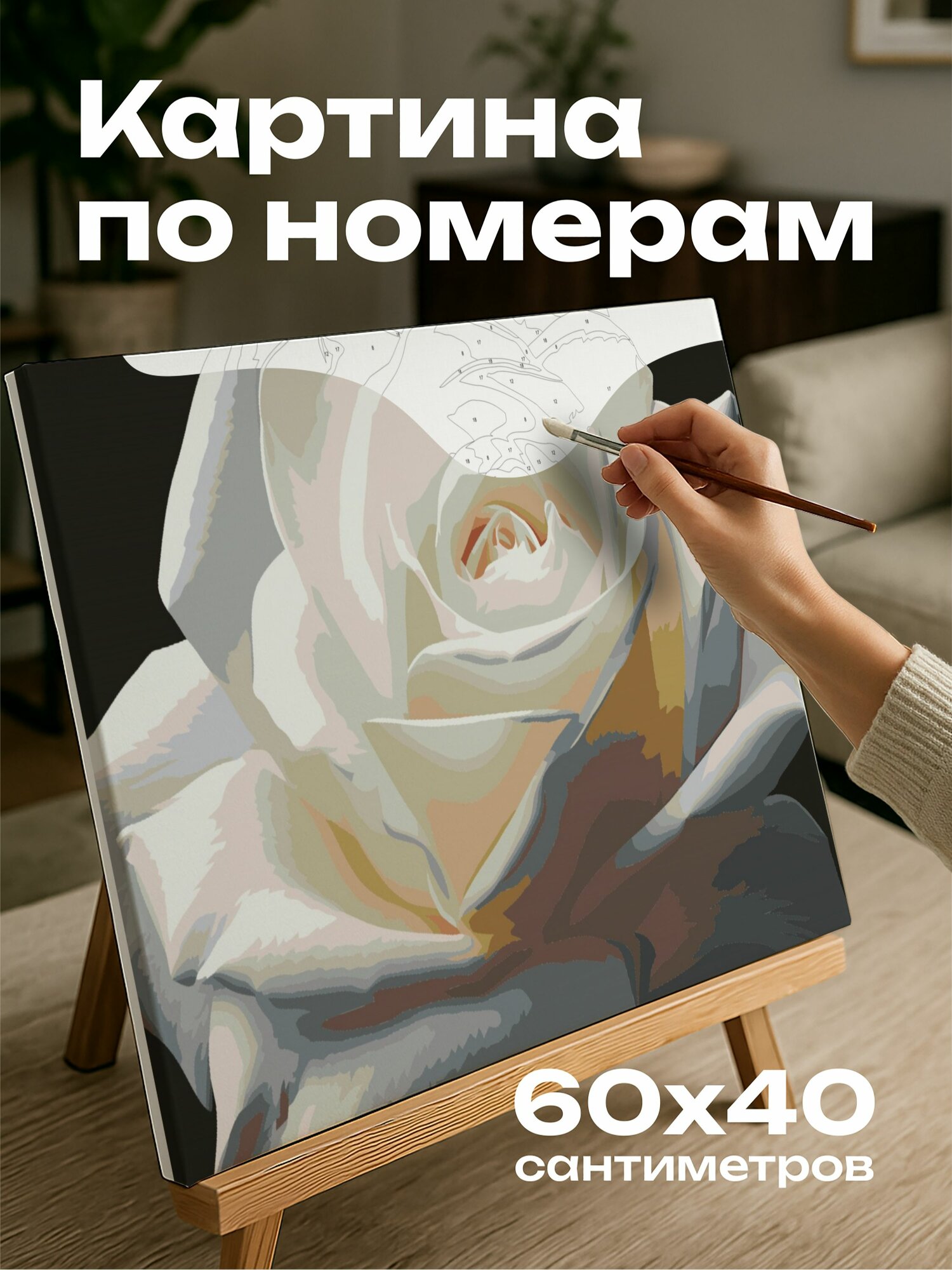 Картина по номерам 60x40 см, высокое разрешение, белая роза, лепестки, раскрывающиеся, красота, элегантность