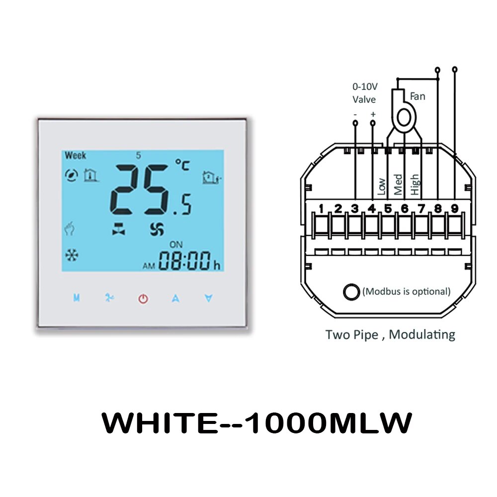 Термостат для фанкойла Tuya Wi-Fi 0-10В 2P/4P 1000MLW-WHITE, 95-240VAC