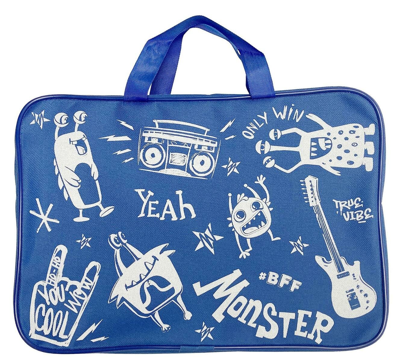 Папка школьная а4 текстильная с ручками, синяя, на молнии, для тетрадей и документов