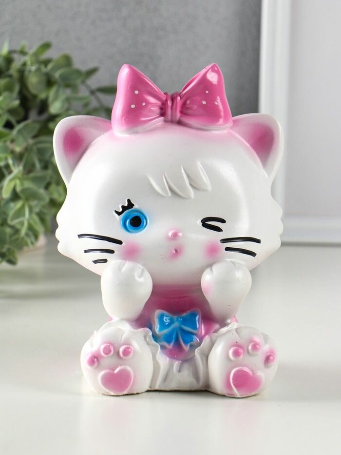 Копилка для денег Киска с бантом розовым , гипс, 17.5 12.5 11.5 см