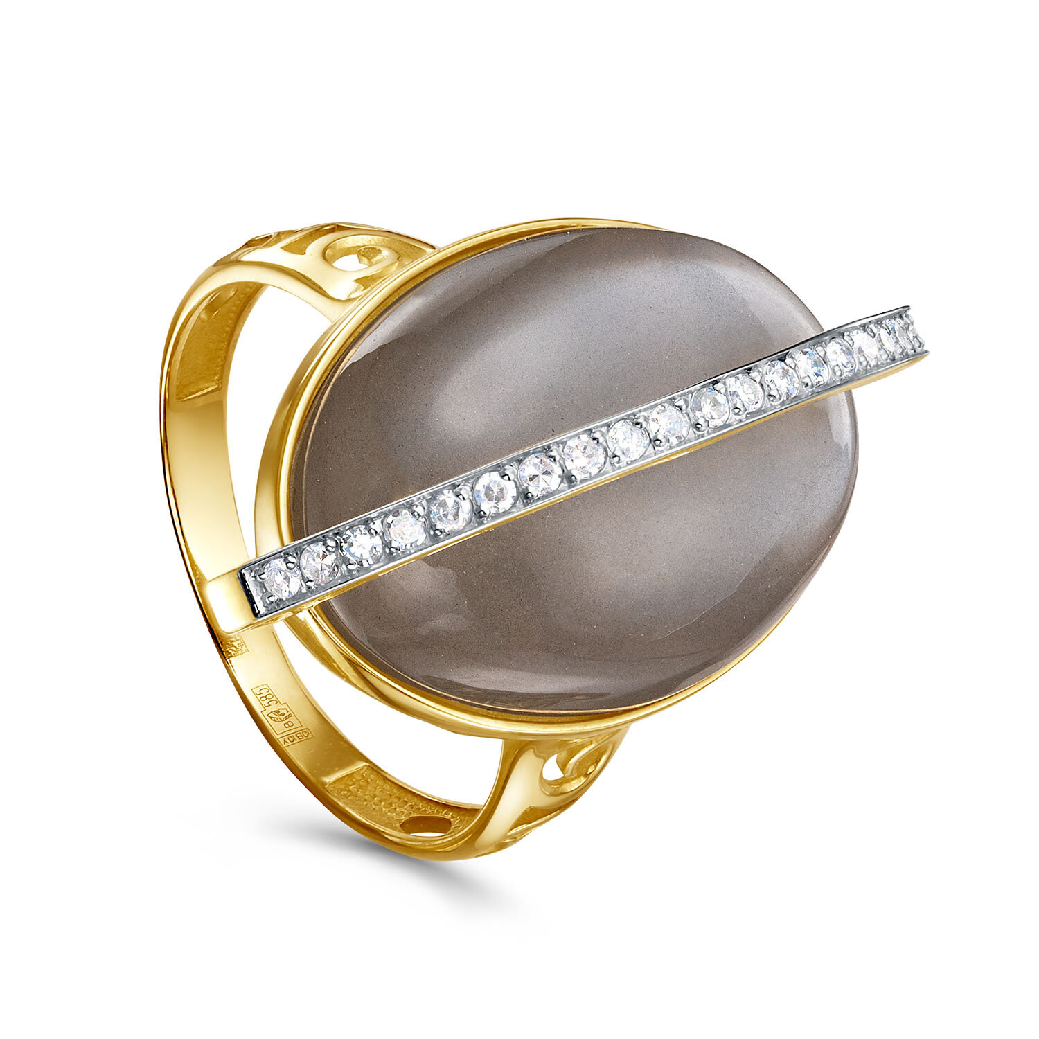 Кольцо, желтое золото, 585 проба, лунный камень, бриллиант