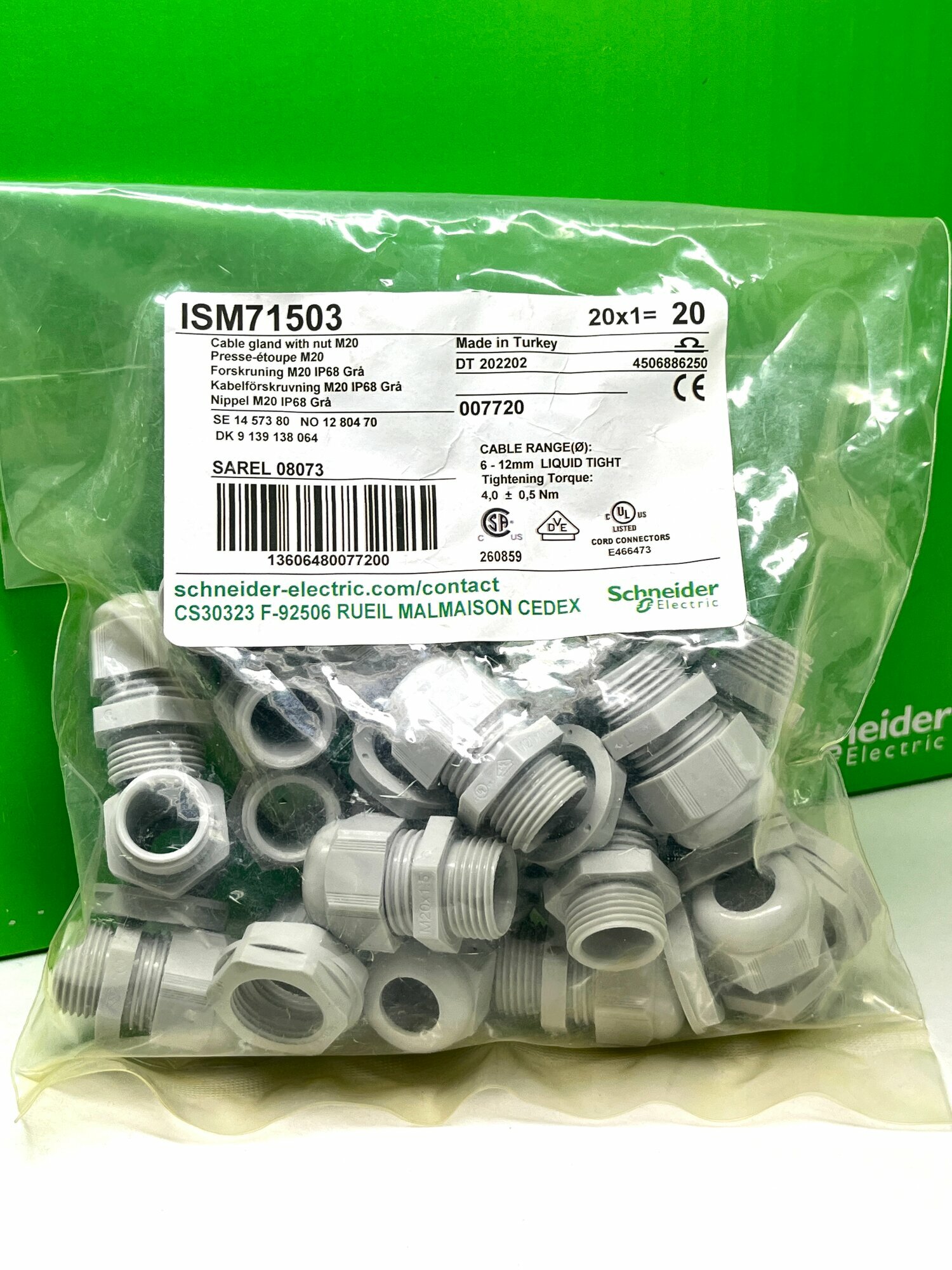 ISM71503 Ввод кабельный, сальник, уплотнитель для вводов М20 (5 штук) Schneider Electric